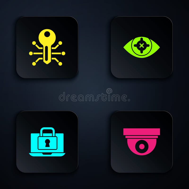 Set Security Camera, Smart Key, Laptop and Lock and Eye Scan. Black ...