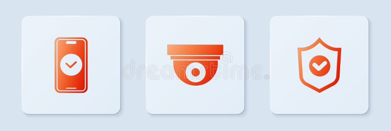 Set Security Camera, Smartphone and Shield with Check Mark. White ...