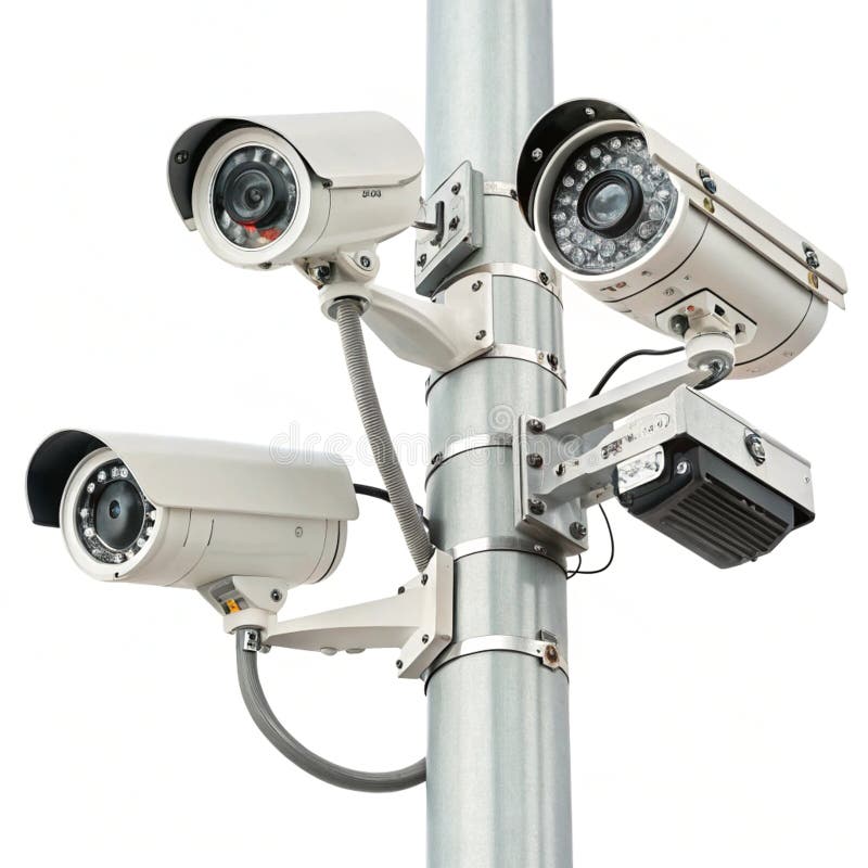 Security Cameras Mounted on a Single Pole Isolated on White Background ...