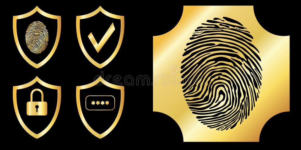 Set of Security Elements Fingerprint, Lock, Secret Password on Shields ...