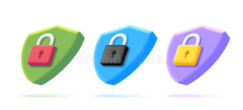 Set of Security Icons with 3d Shield Shape with Padlock, Isometric 3d ...