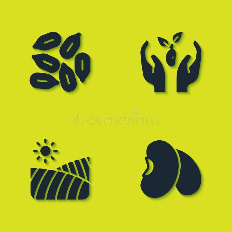 Set Seed, Beans, Agriculture Wheat Field and Plant in Hand Icon. Vector ...
