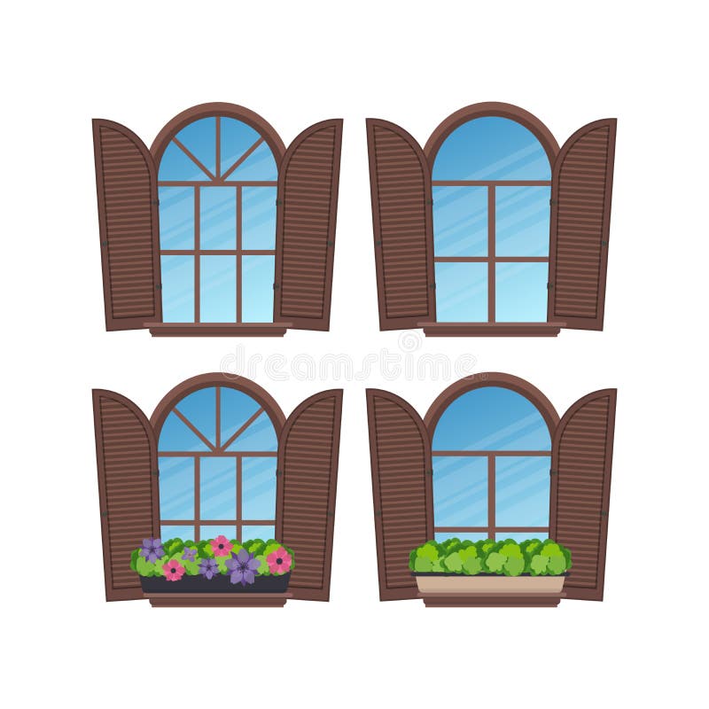 Set of Semicircular Windows with Shutters and Flowers. in a Flat Style ...