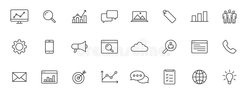 Set of 24 SEO and Development Web Icons in Line Style. Contact, Target ...