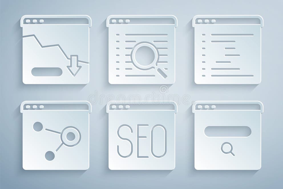 Set SEO Optimization, Browser Window, Search Engine, and Financial Growth Decrease Icon. Vector ...