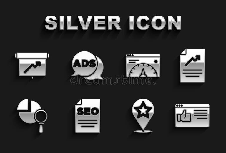 Set SEO Optimization, Document with Graph Chart, Browser Window, Map Pointer Star, Magnifying ...