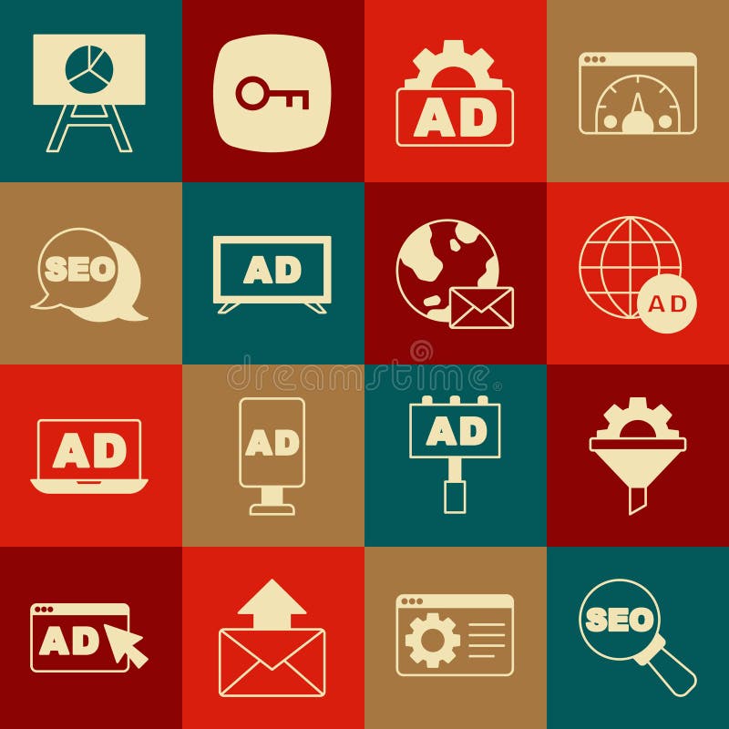 Set SEO Optimization, Sales Funnel with Gear, Advertising, Board Graph Chart and Earth Globe ...