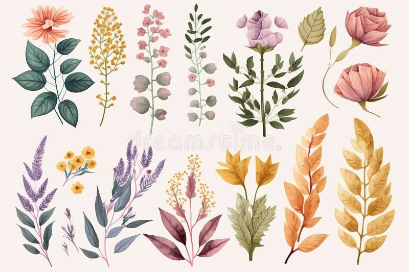 Set of Separate Parts of Flowers in Watercolors Stock Illustration ...