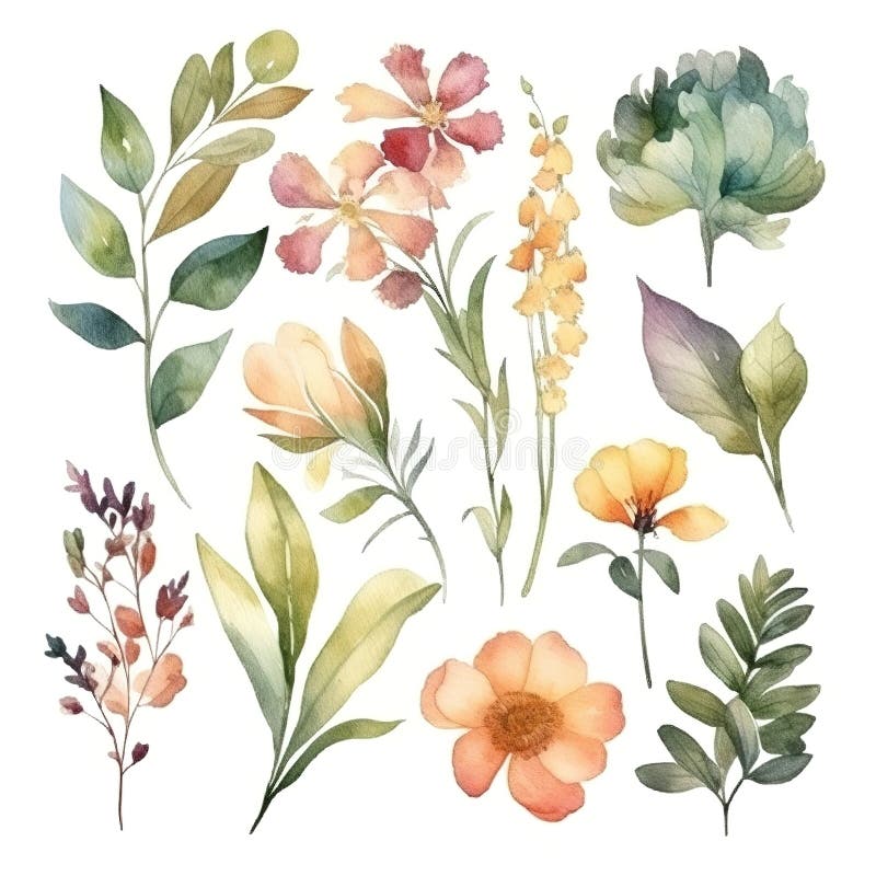 Set of Separate Parts of Flowers in Watercolors Stock Illustration ...