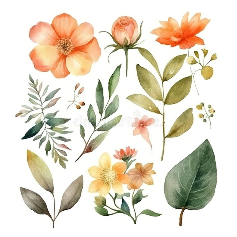 Set of Separate Parts of Flowers in Watercolors Stock Illustration ...