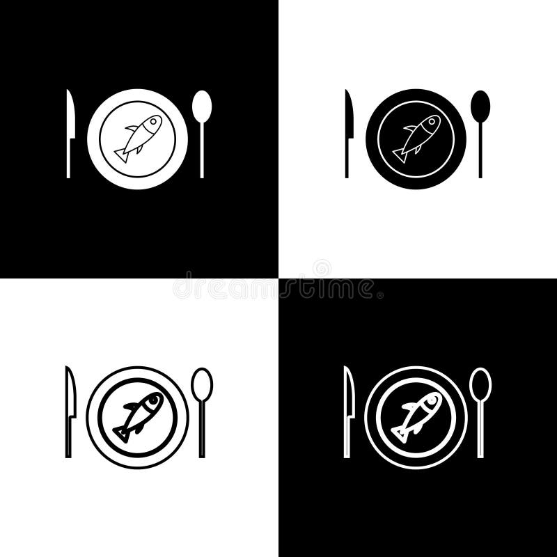 Set Served Fish on a Plate Icon Isolated on Black and White Background ...