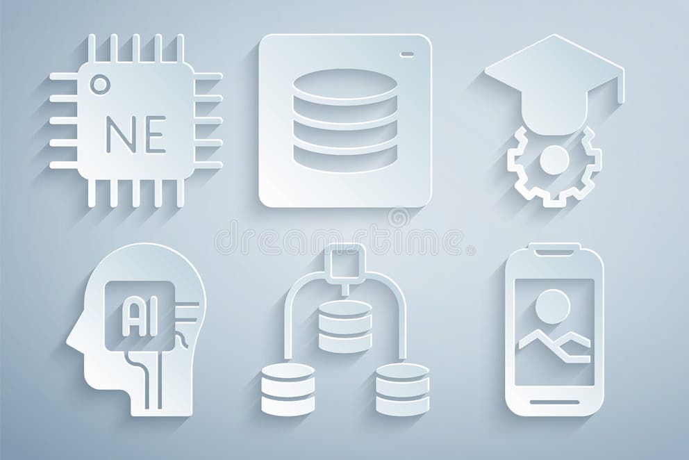 Set Server, Data, Graduation Cap, Humanoid Robot, Mobile Phone, and Processor CPU Icon. Vector ...
