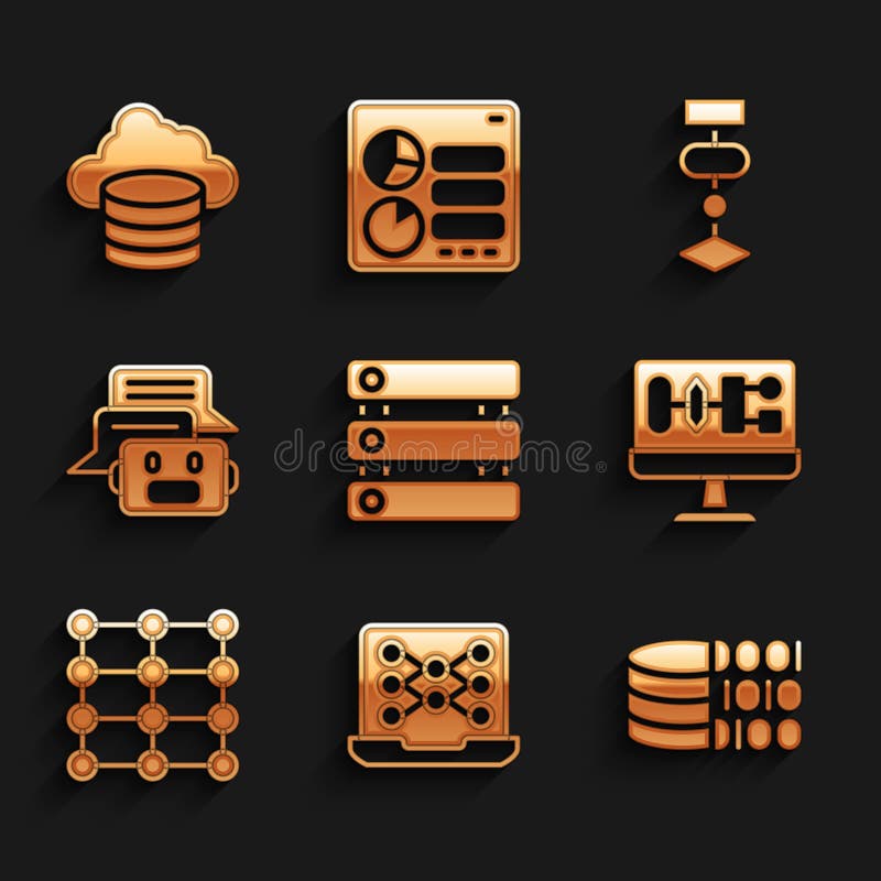 Set Server Data Neural Network Binary Code Algorithm Chat Bot And Cloud Database Icon