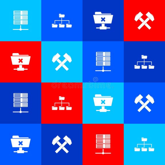 Set Server, Data, Web Hosting, Folder Tree, FTP Cancel Operation and Two Crossed Hammers Icon ...