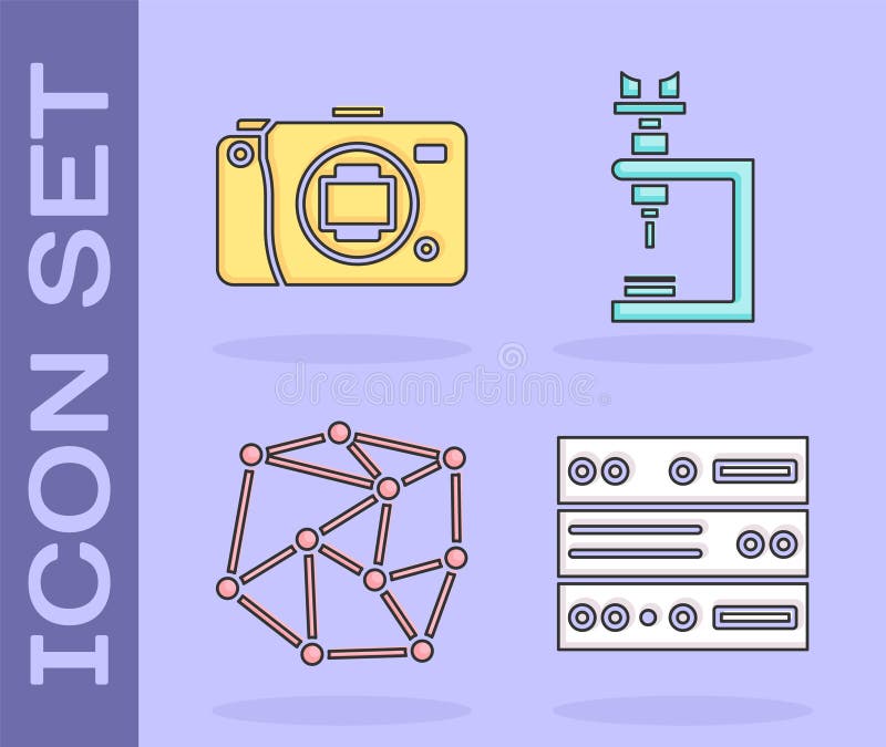 Set Server, Data, Web Hosting, Mirrorless Camera, Neural Network and Microscope Icon. Vector ...