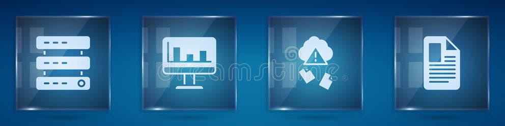 Set Server, Data, Web Hosting, Monitor with Graph Chart, Cloud Hacking and File Document. Square ...