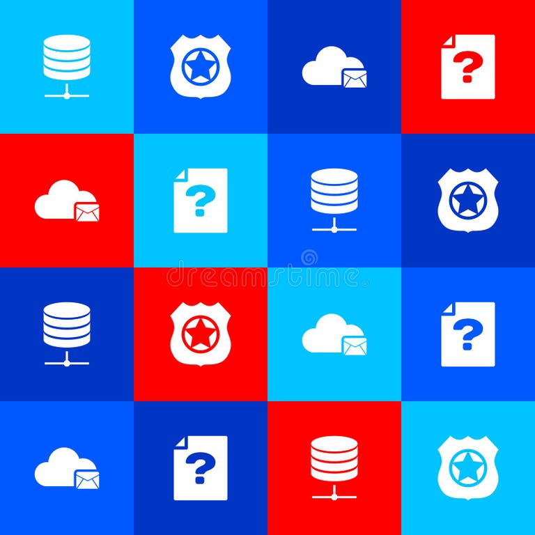Set Server, Data, Web Hosting, Police Badge, Cloud Mail Server and Unknown Document Icon. Vector ...