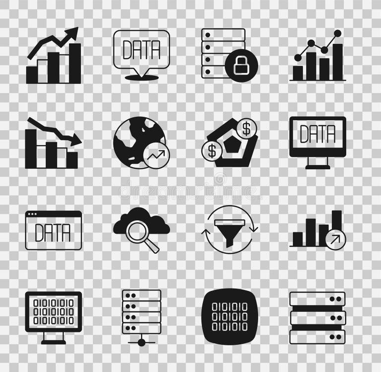 Set Server, Financial Growth, Data Analysis, Security with Padlock, Decrease, and Icon. Vector ...