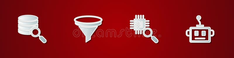 Set Server, Funnel or Filter, Processor CPU and Artificial Intelligence Robot Icon. Vector Stock ...