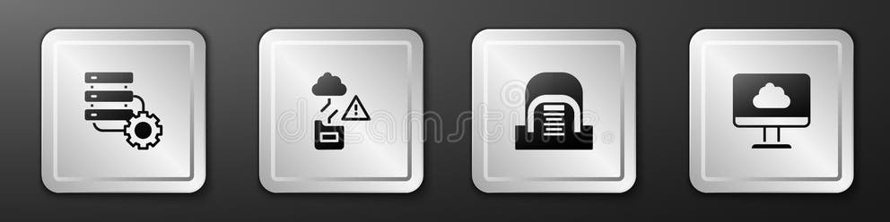 Set Server and Gear, Cloud Technology Data Transfer, Hangar with Servers and Icon. Silver Square ...