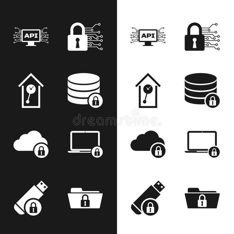 Set Server Security with Lock, Retro Wall Watch, Computer Api Interface, Cyber, Cloud Computing ...