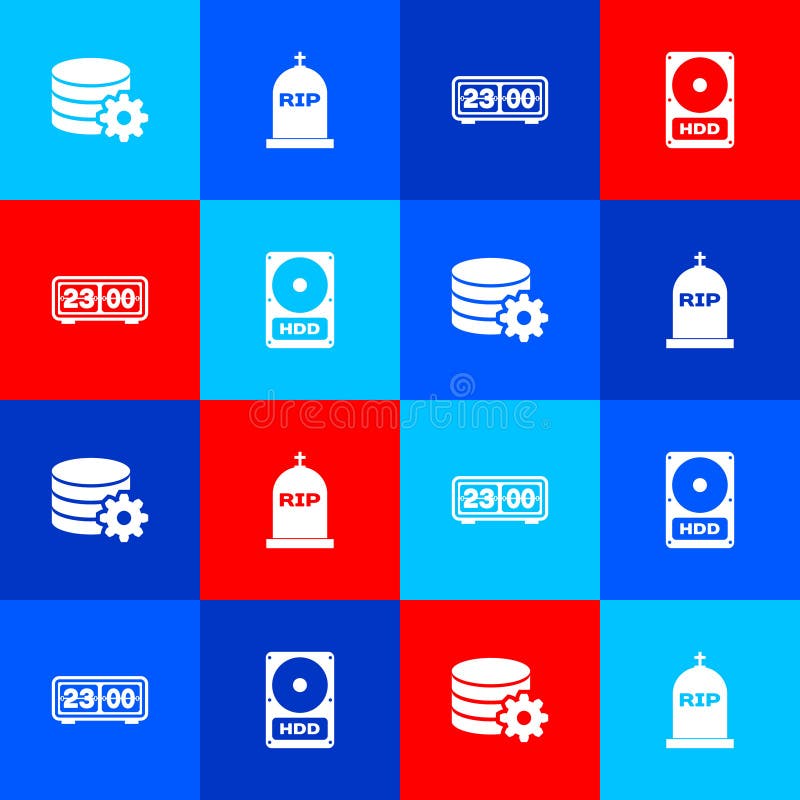 Set Setting Database Server, Tombstone with RIP Written, Retro Flip Clock and Hard Disk Drive ...