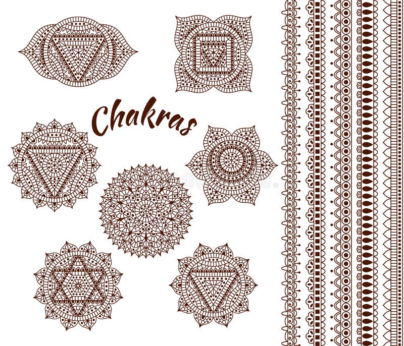 Set of Seven Chakras. Oriental Ornaments and Borders for Henna Tattoo ...
