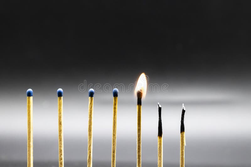 Set of Seven Matches Burning in a Chain Reaction Stock Image - Image of ...