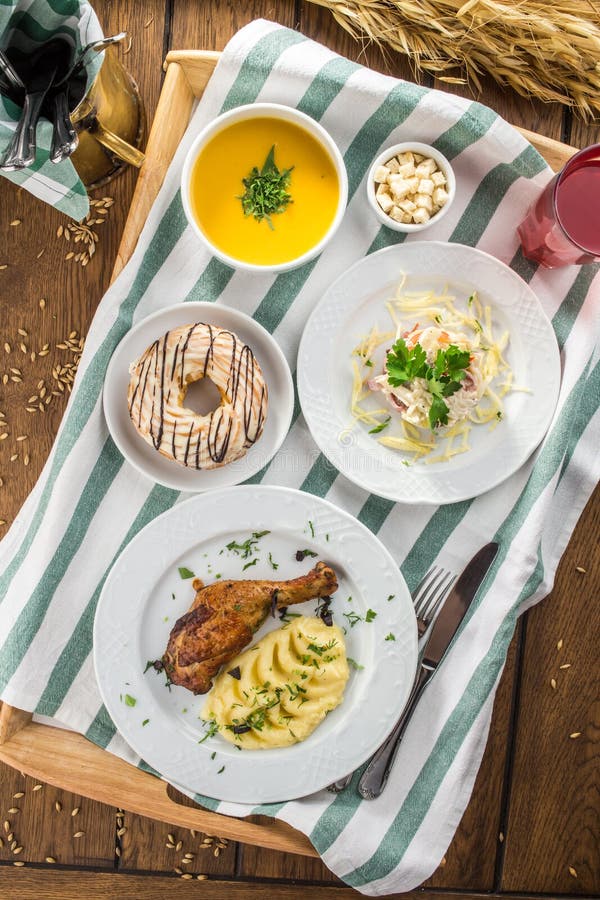 Set of Several Dishes Business Lunch on Wooden Table Stock Photo ...