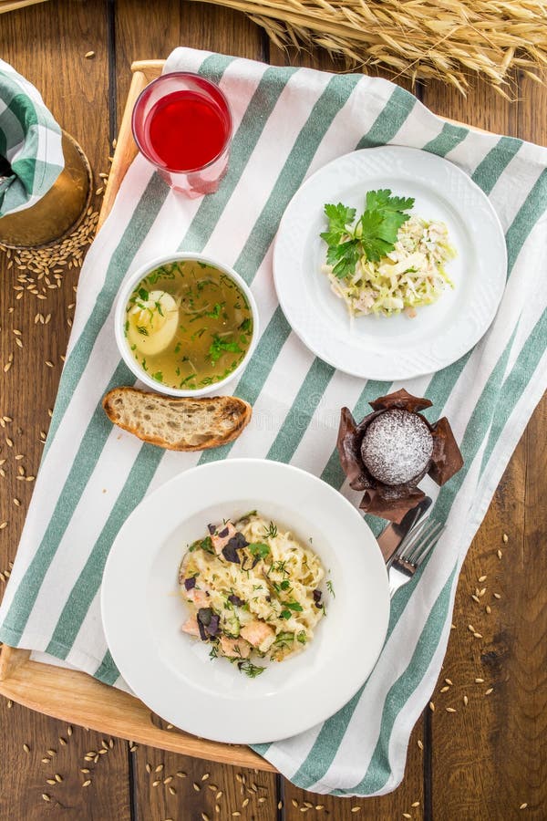 Set of Several Dishes Business Lunch on Wooden Table Stock Image ...