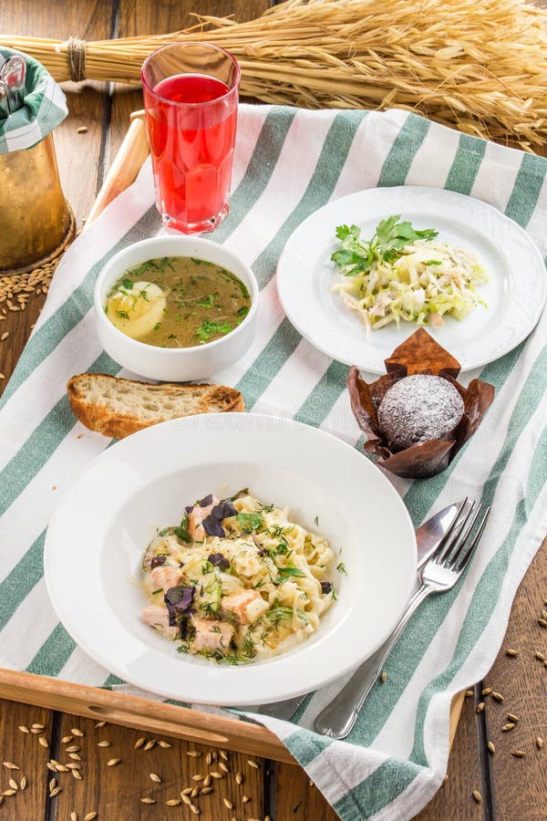 Set of Several Dishes Business Lunch on Wooden Table Stock Image ...