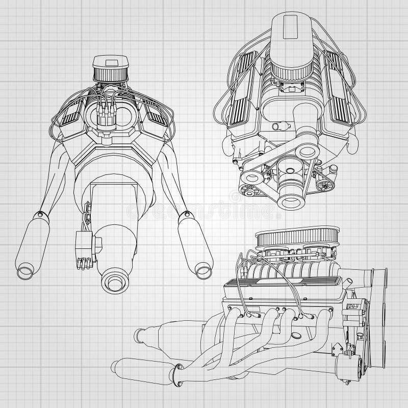 A Set of Several Types of Powerful Car Engine. the Engine is Drawn with ...