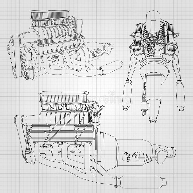 V8 Engine Pencil Artistic Drawings