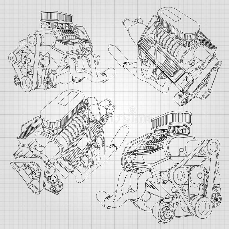 A Set of Several Types of Powerful Car Engine. the Engine is Drawn with ...