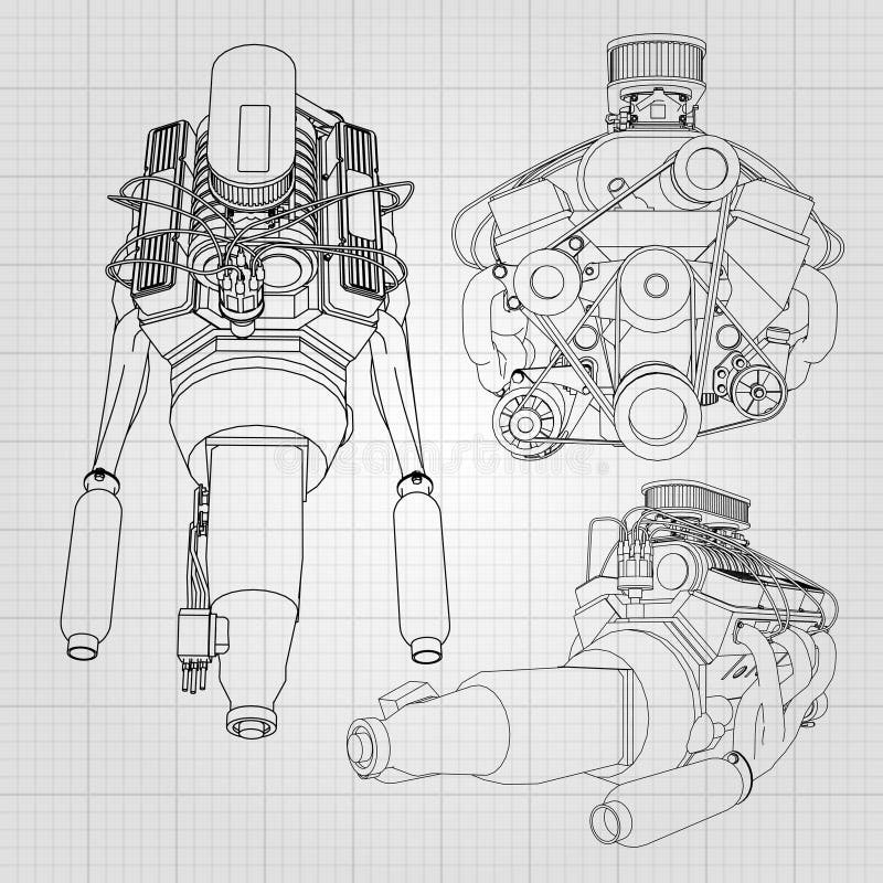 A Set of Several Types of Powerful Car Engine. the Engine is Drawn with ...