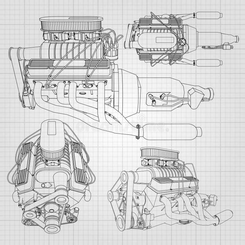 A Set of Several Types of Powerful Car Engine. the Engine is Drawn with ...