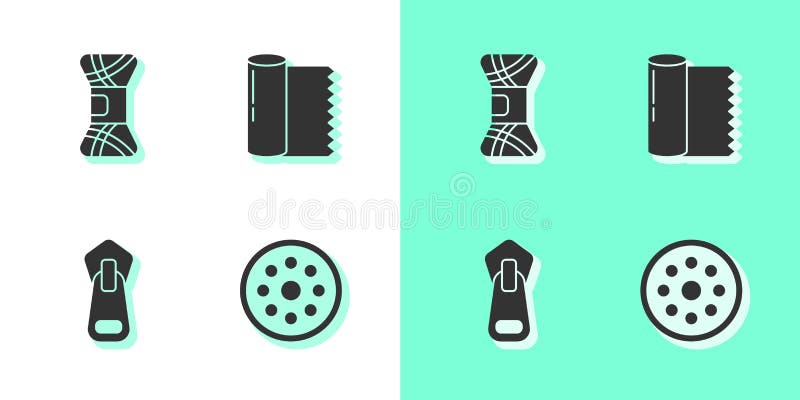 Set Sewing Button, Yarn, Zipper and Textile Fabric Roll Icon. Vector ...