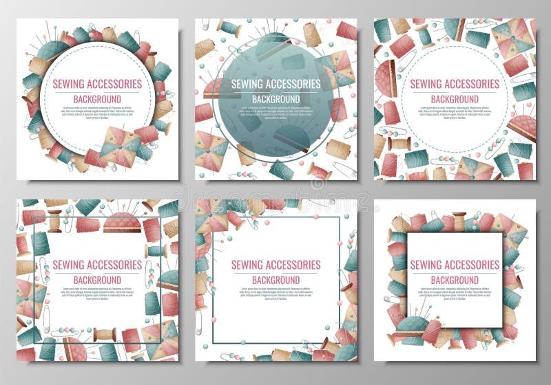 Set of Sewing Cards. Background with Spools of Thread and Pincushion ...