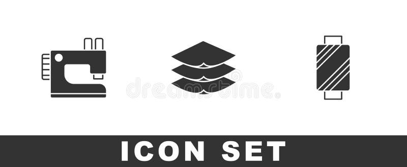 Set Sewing Machine, Layers Clothing Textile and Thread on Spool Icon ...