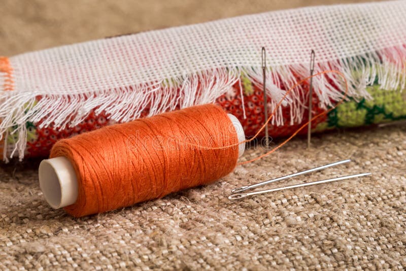 Set for Sewing and Needlework: Fabric, Multicolored Threads, Stock ...