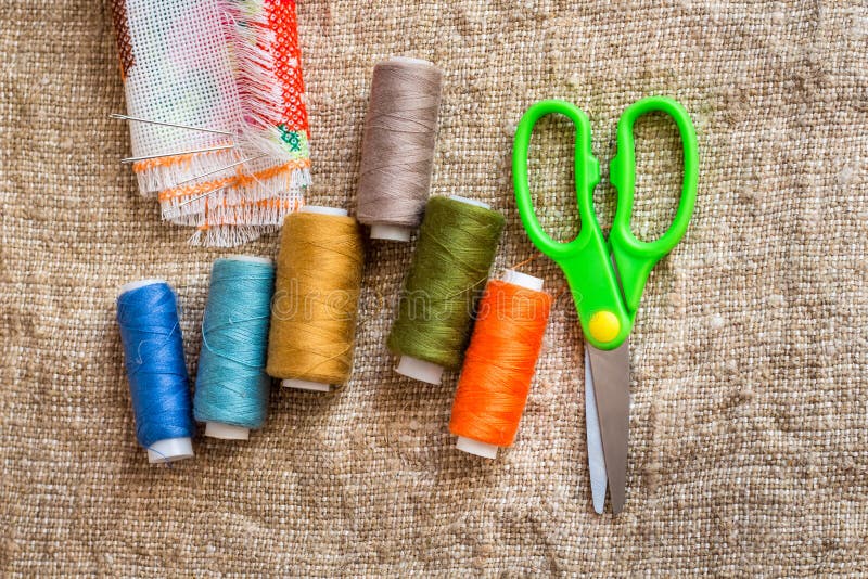 Set for Sewing: Scissors, Multi-colored Threads, Needles, Fabric Stock ...