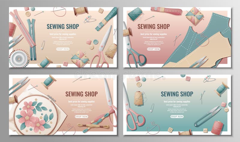 Set of Sewing Shop Banners with Sewing Supplies and Tools. Template of ...