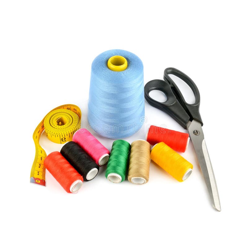 Set of Sewing Threads, Scissors and Measuring Tape Isolated on White ...