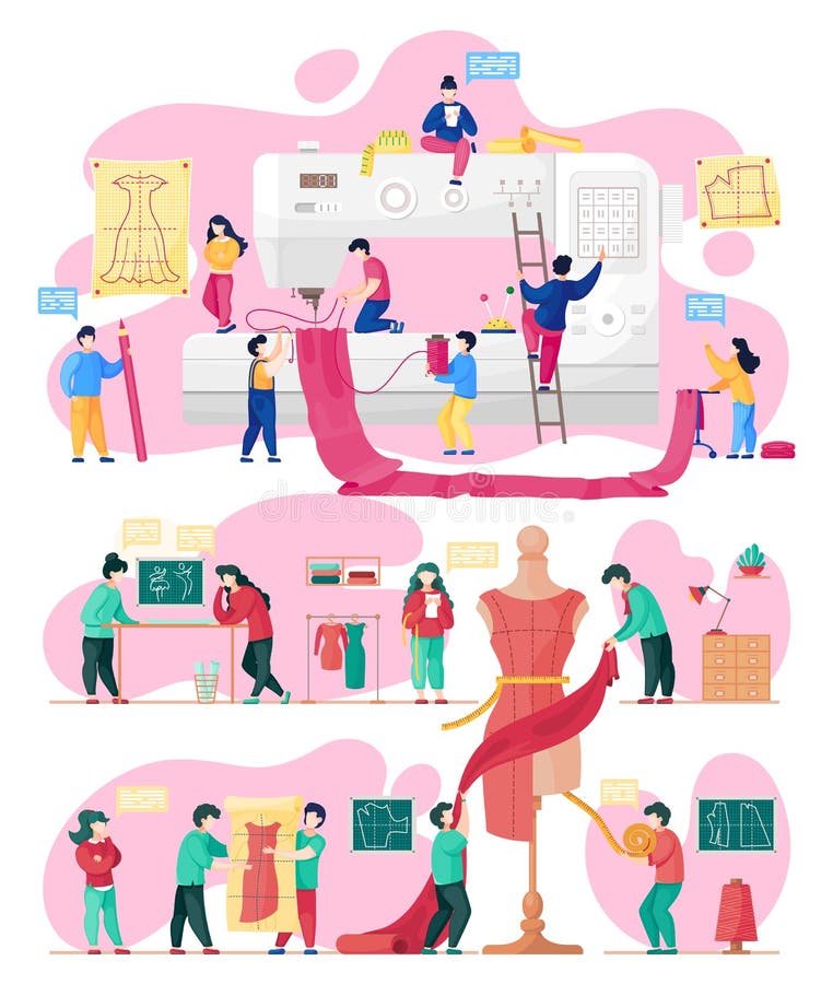 Set of Sewing Working Process, Designers Sewing Dress at Sewing Machine ...