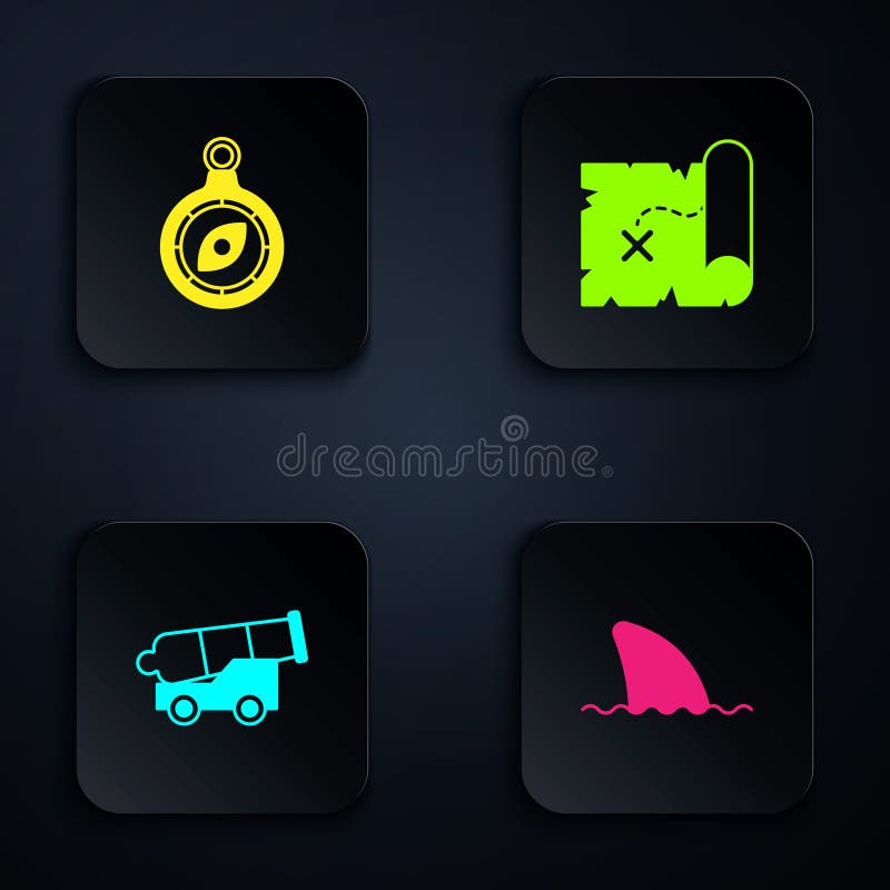 Set Shark Fin in Ocean Wave, Compass, Cannon and Pirate Treasure Map ...