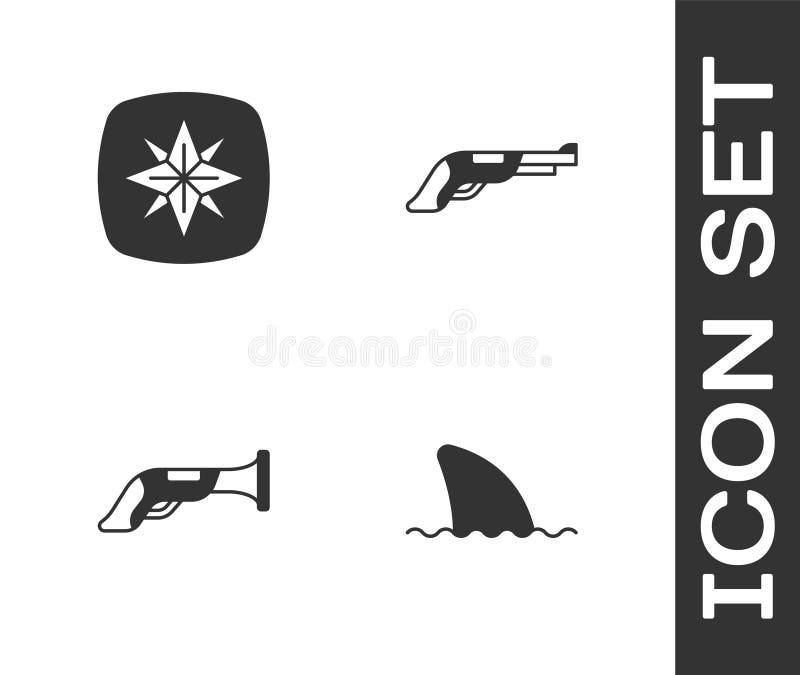 Set Shark Fin in Ocean Wave, Wind Rose, Vintage Pistol and Icon. Vector ...