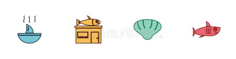 Set Shark Fin Soup, Seafood Store, Scallop Sea Shell and Icon. Vector ...