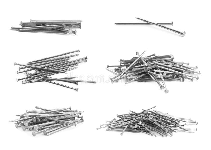 Set with Sharp Metal Nails on White Background Stock Image - Image of ...
