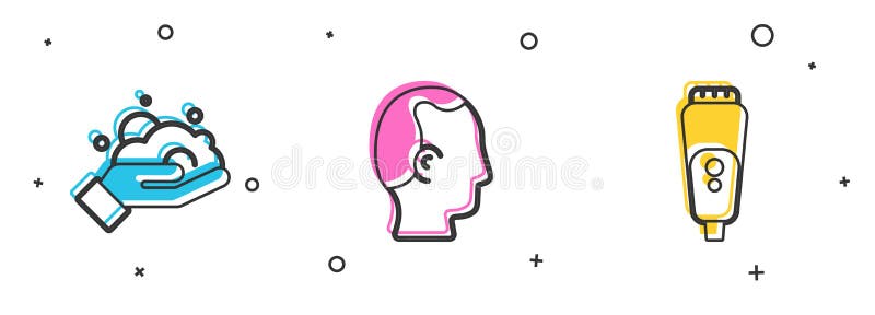 Set Shaving Foam on Hand, Baldness and Electric Razor Blade Icon ...