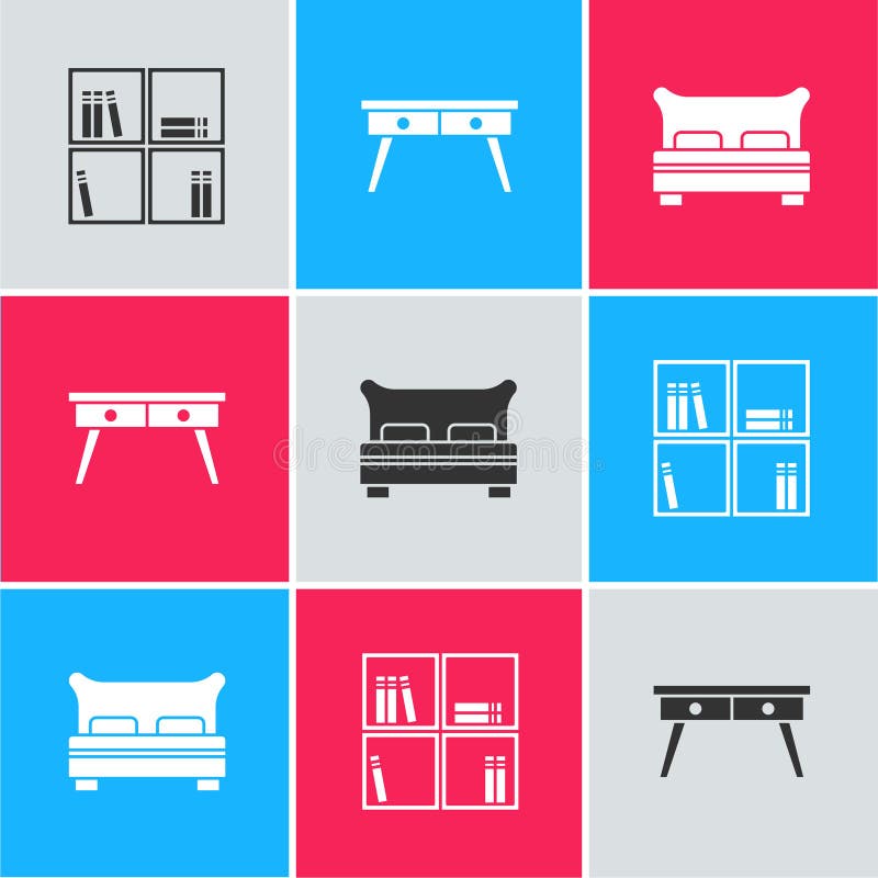 Set Shelf with Books, Office Desk and Big Bed Icon. Vector Stock Vector ...